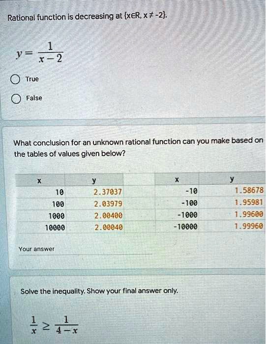 SOLVED: Rational function is decreasing at xER,x #-2 True False What ...