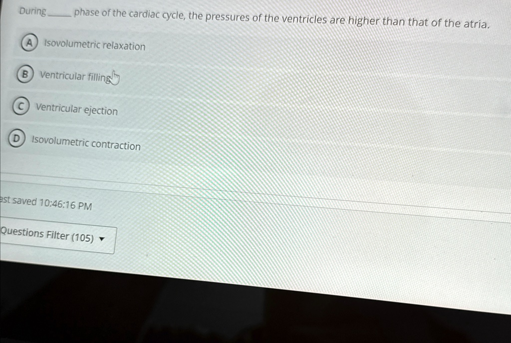 During phase of the cardiac cycle, the pressures of the ventricles are ...