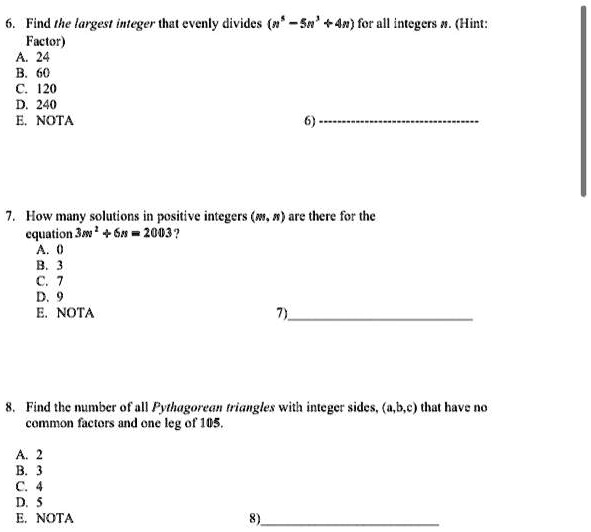 SOLVED:Find the largest integer that evenly divides (" -S5 +4n) for all integers (Hint: Factor ...