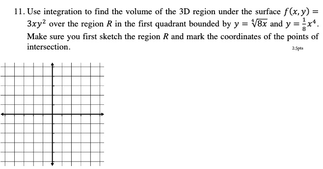 SOLVED: 11. Use integration to find the volume of the 3D region under the surface f (x,y) 3xy2 ...