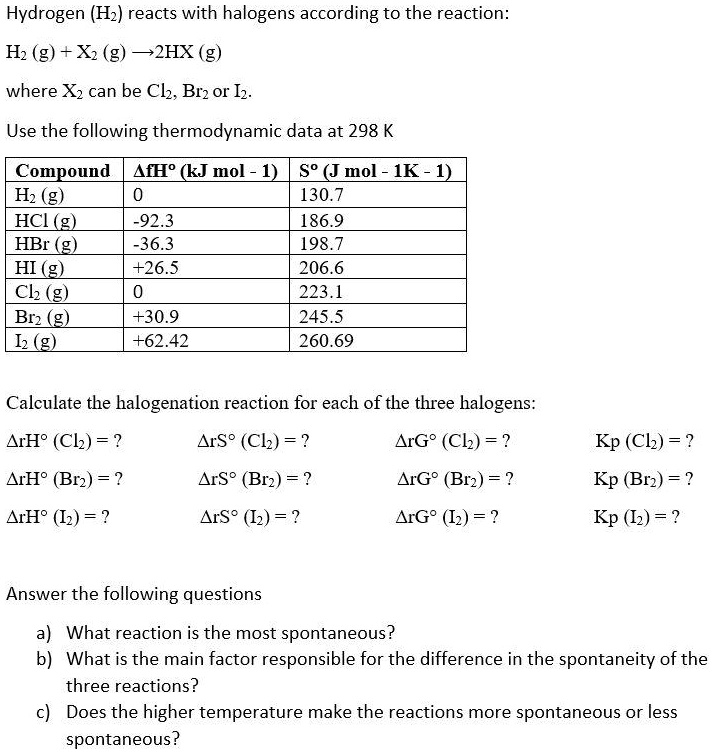 hydrogen hz reacts with halogens according to the reaction hz g xz g 2hx g where xz can be clz ...