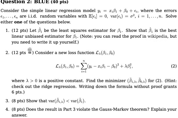questiom 2 blue 40 pts consider the simple linear regression model y ...