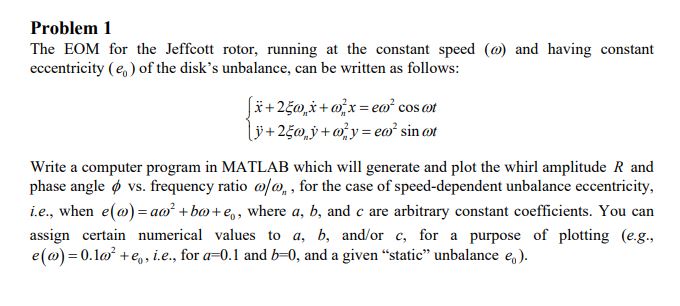 Problem 1 The EOM for the Jeffcott rotor, running at the constant speed ...