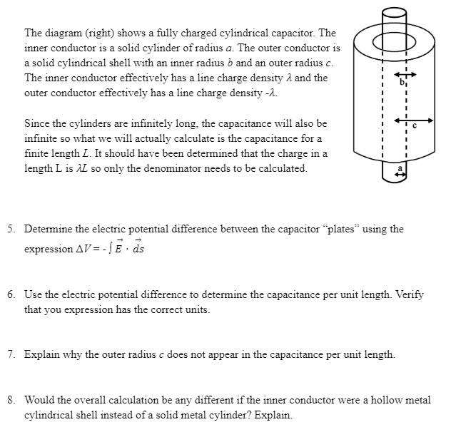 the diagram right shows a fully charged cylindrical capacitor the inner conductor is a solid ...