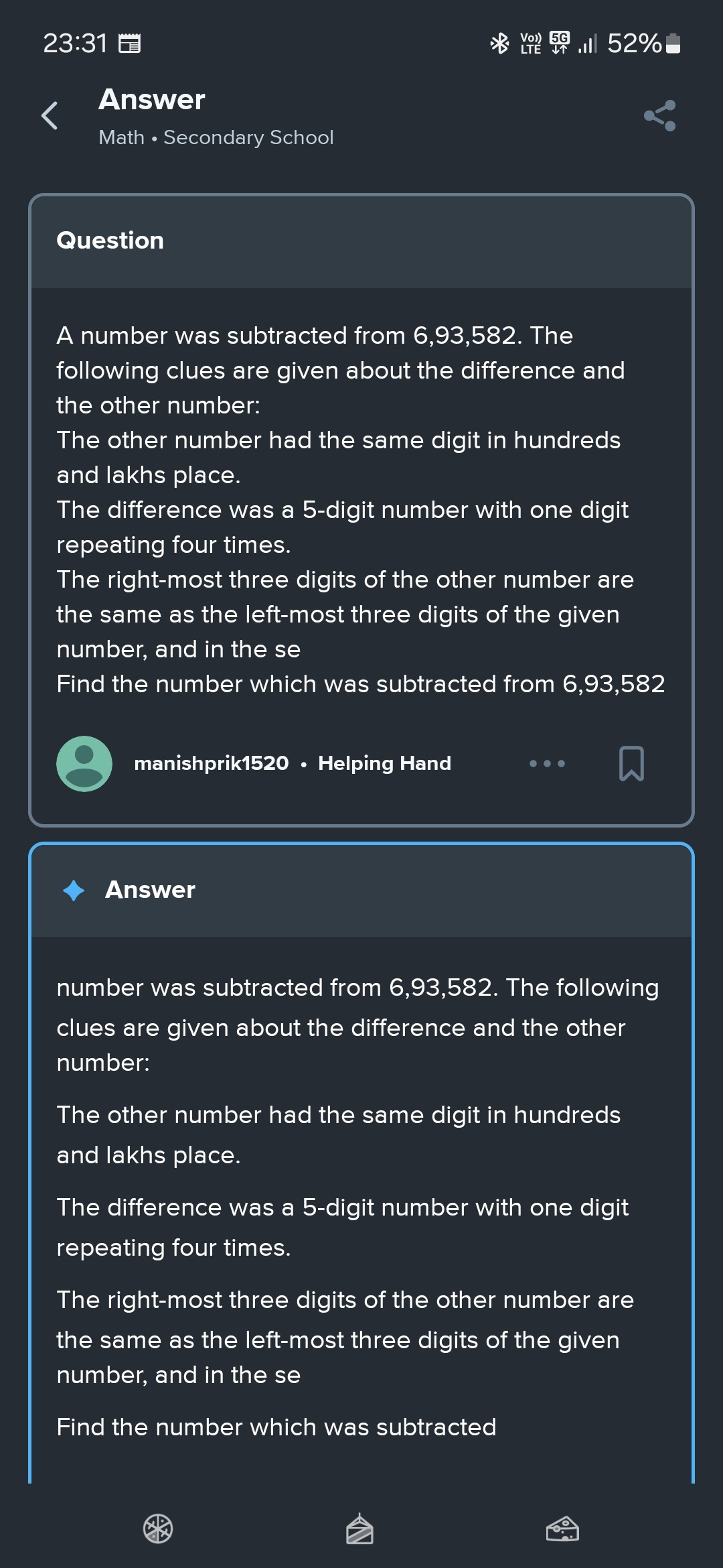 23:31 % Vo) 5 G Vo0) 56 .ll 52 % Answer Math · Secondary School ...