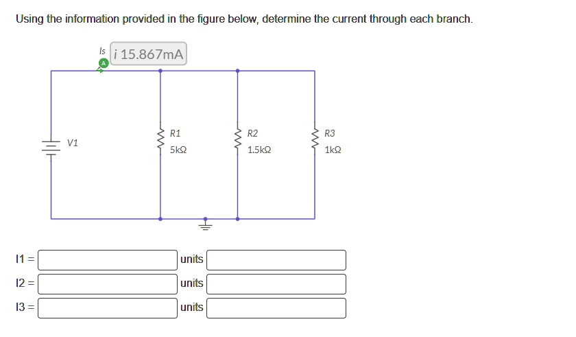 Using the information provided in the figure below, determine the current through each branch ...