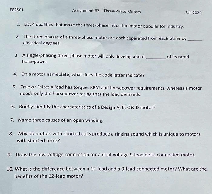 SOLVED: PE2501 Assignment#2-Three-Phase Motors Fall2020 1. List 4 ...