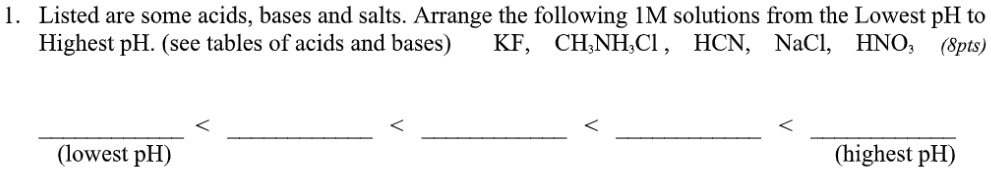 SOLVED: Listed are some acids, bases and salts. Arrange the following IM solutions from the ...