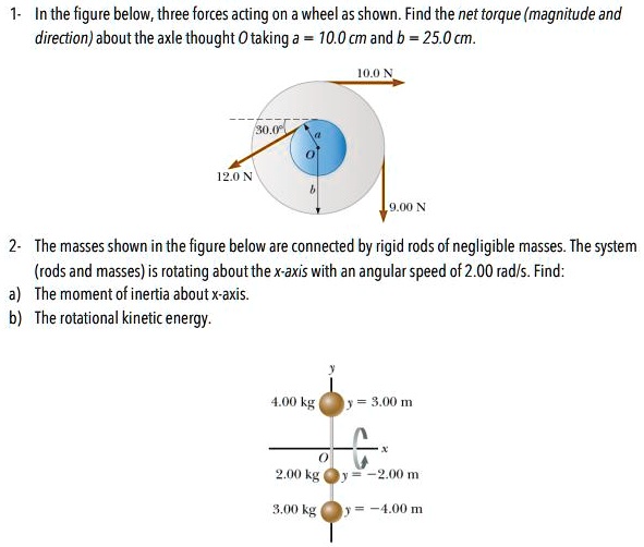 1- In the figure below, three forces acting on a wheel as shown. Find the net torque (magnitude ...