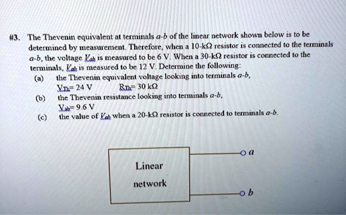 SOLVED: The Thevenin equivalent at terminals a-b of the linear network shown below is to be ...