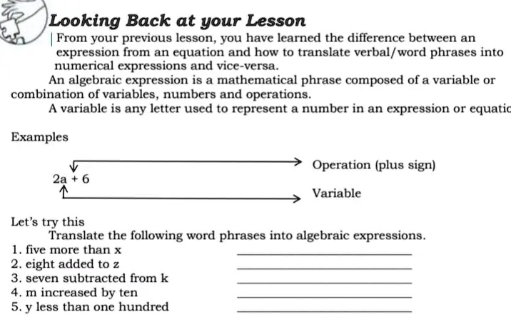 Looking Back at Your Lesson From your previous lesson, you have learned ...