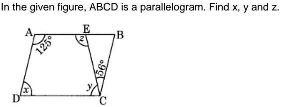 'In the given figure, ABCD is a parallelogram. Find x, y and z.'