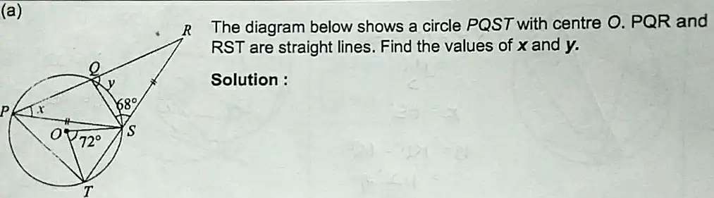 SOLVED: (a) The diagram below shows a circle PQST with centre O. PQR and RST are straight lines ...