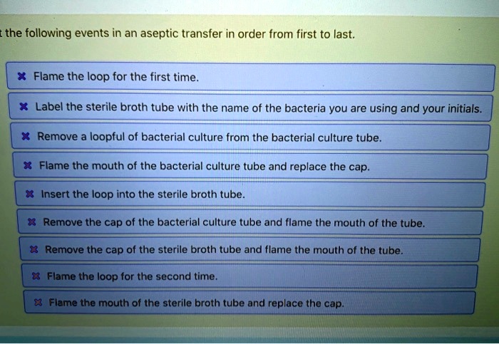 the following events in an aseptic transfer in order from first to last. Flame the loop for the ...