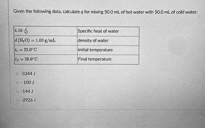 SOLVED:Given the following data, calculate 9 for mixing 5O.0 mL of hot ...