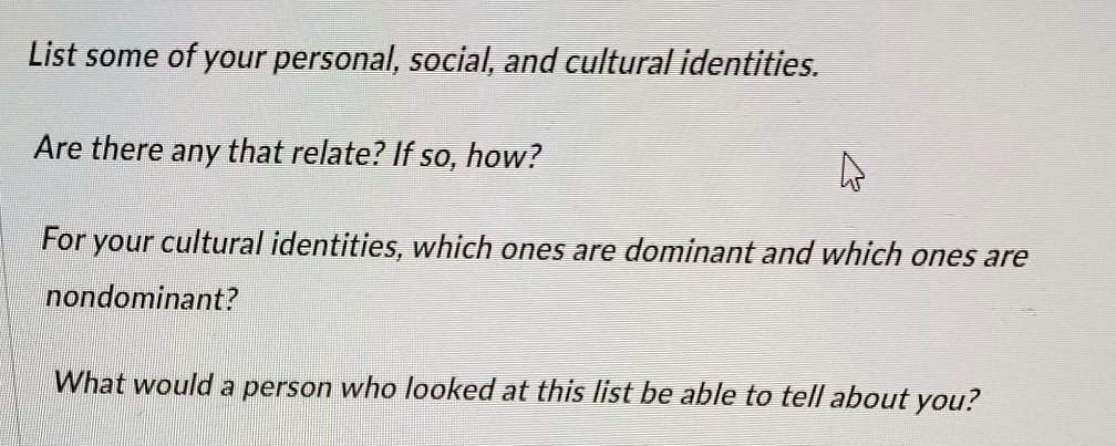 List some of your personal, social, and cultural identities. Are there ...