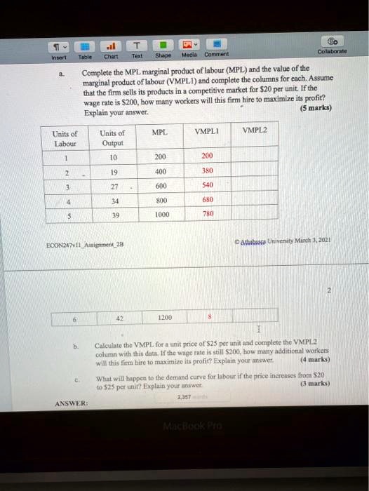 SOLVED: Complete the MPL marginal product of labour (MPL) and the value of the marginal product ...
