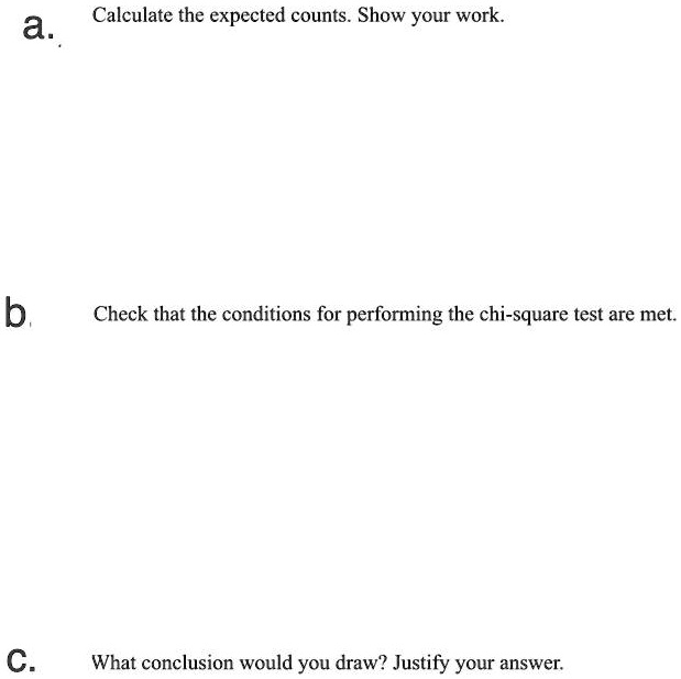 SOLVED: a. Calculate the expected counts. Show your work b; Check that the conditions for ...