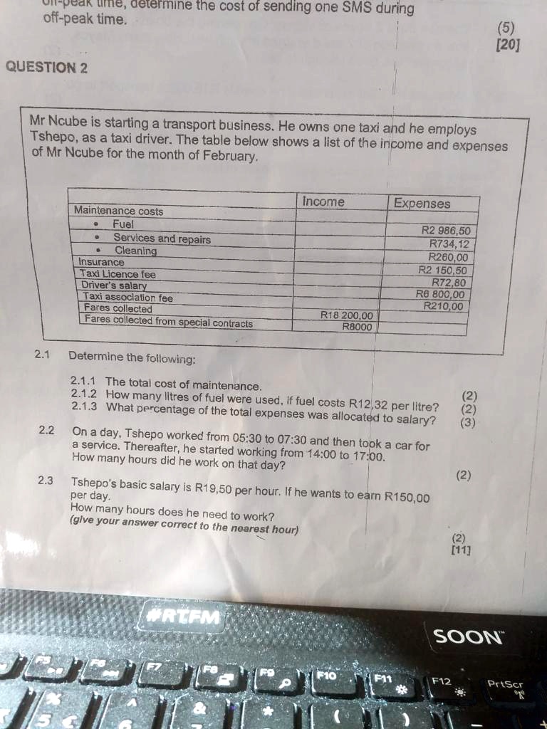SOLVED: Off-peak time. QUESTION 2 Mr Ncube is starting a transport ...