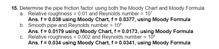 15. Determine the pipe friction factor using both the Moody Chart and ...