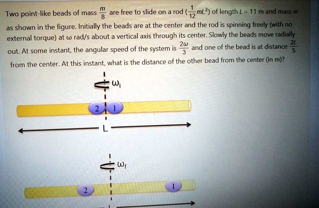 two point like beads of mass are free to slide on a rod ml2 of length l 11 m and mass m as shown ...