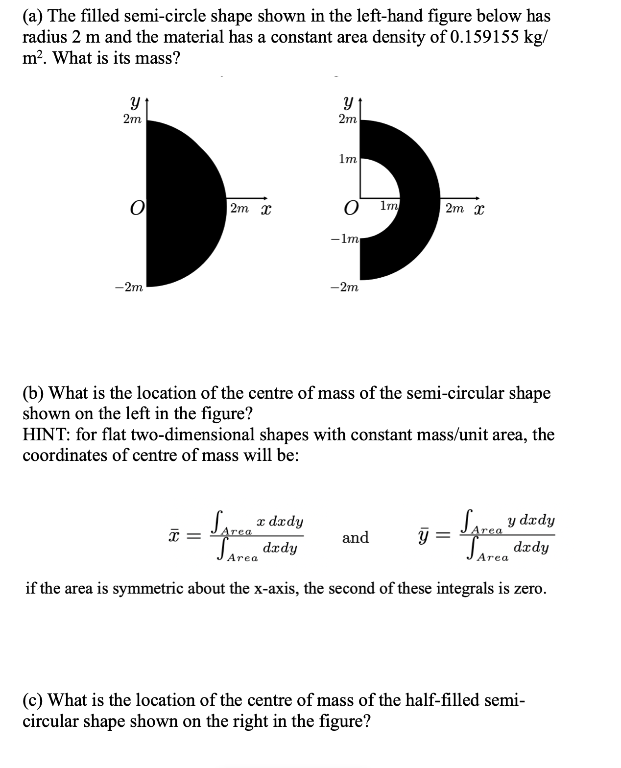 (a) The filled semi-circle shape shown in the left-hand figure below ...