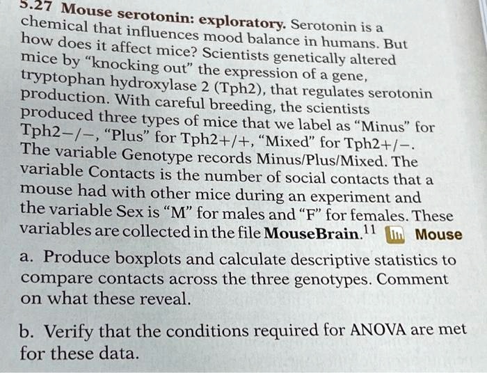 5.27 Mouse serotonin: exploratory. Serotonin is a chemical that influences mood balance in ...