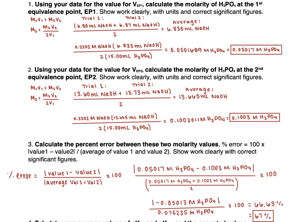1. Using your data for the value for VEP1, calculate the molarity of ...