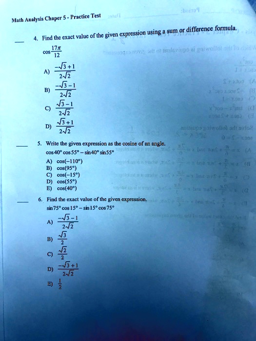 SOLVED: Math Analysis Chapter 5 - Practice Test Sum or difference ...