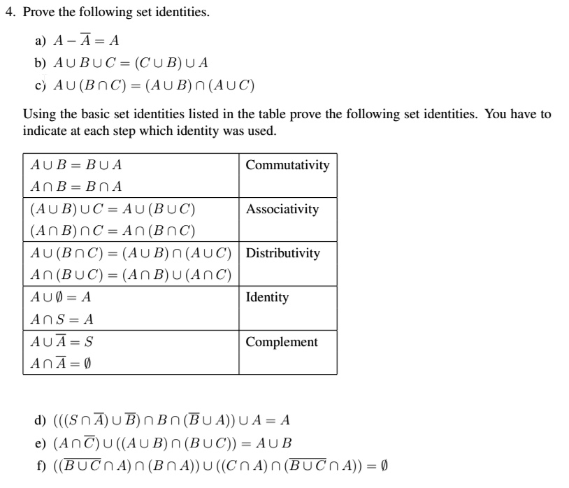 prove the following set identities a a ia b aubuc cubjua c aubnc aubnauc using the basic set ...