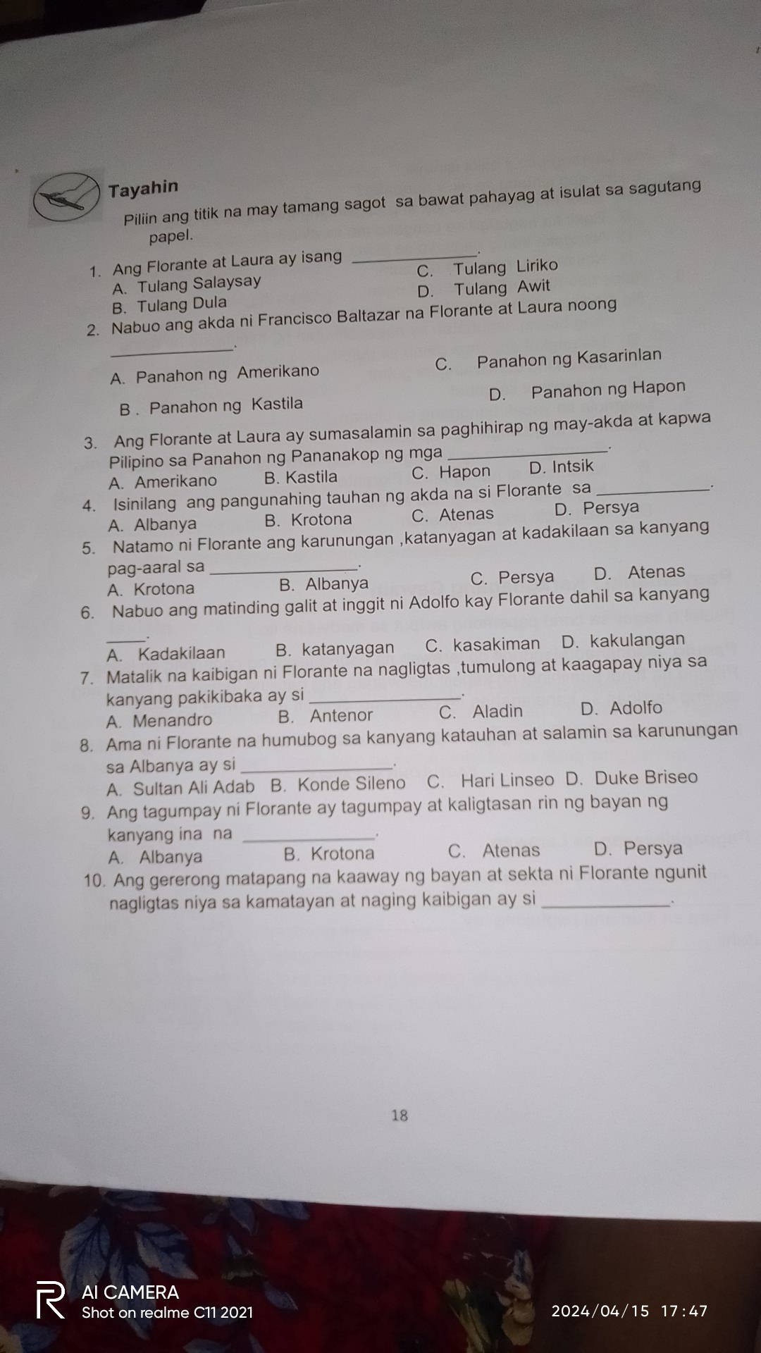 SOLVED: Tayahin Pilin ang titik na may tamang sagot sa bawat pahayag at ... SOLVED: Tayahin Pilin ang titik na may tamang sagot sa bawat pahayag at ...