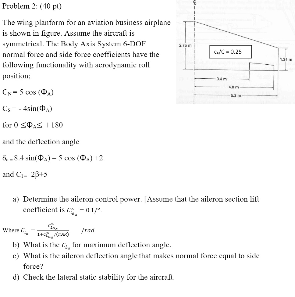 SOLVED: Problem 2: (40 pt) The wing planform for an aviation business ...