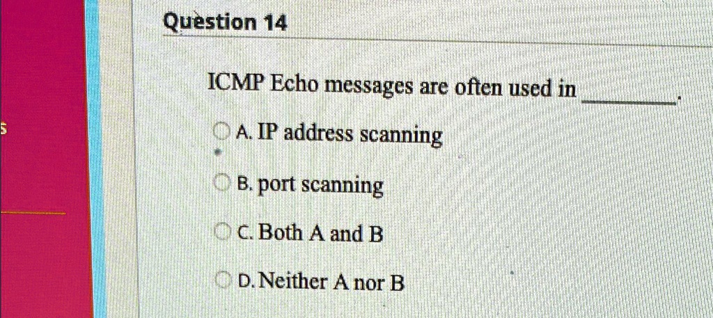 SOLVED: Question 14 ICMP Echo messages are often used in: A. IP address ...