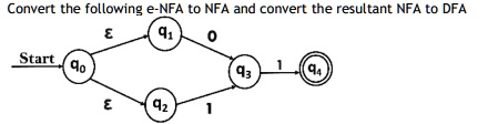 SOLVED: Convert the following e-NFA to NFA and convert the resultant NFA to DFA Start