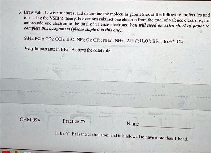 SOLVED: 3. Draw valid Lewis structures, and determine the molecular geometries of the following ...