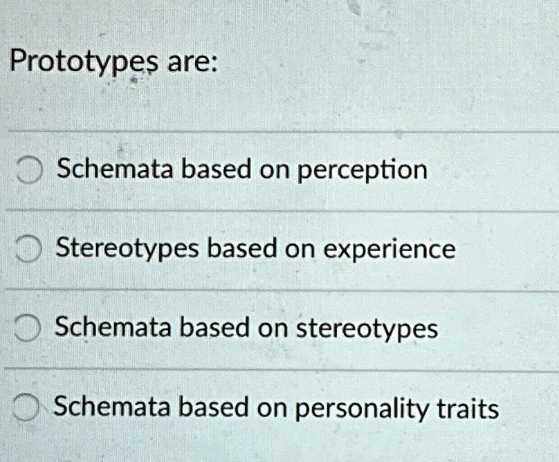 Prototypes are: Schemata based on perception Stereotypes based on ...