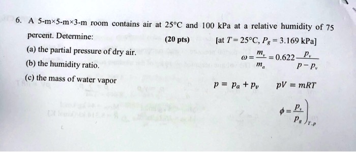 6. A 5-m×5-m×3-m room contains air at 25°C and 100 kPa at a relative ...