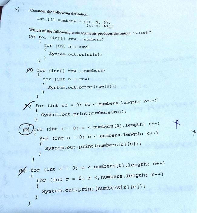 SOLVED: Consider the following definition int[1(1 numbers=1.2,3 4.5.6 A for (int(1 row : numbers ...