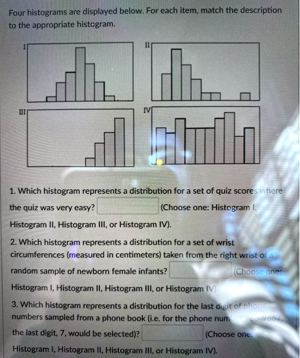 Four histograms are displayed below: For each item, match the ...