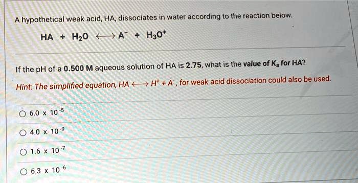 A hypothetical weak acid, HA, dissociates in water according to the ...