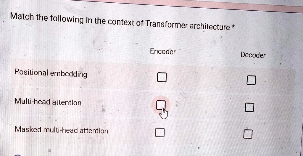 SOLVED: which is correct? Match the following in the context of Transformer architecture ...