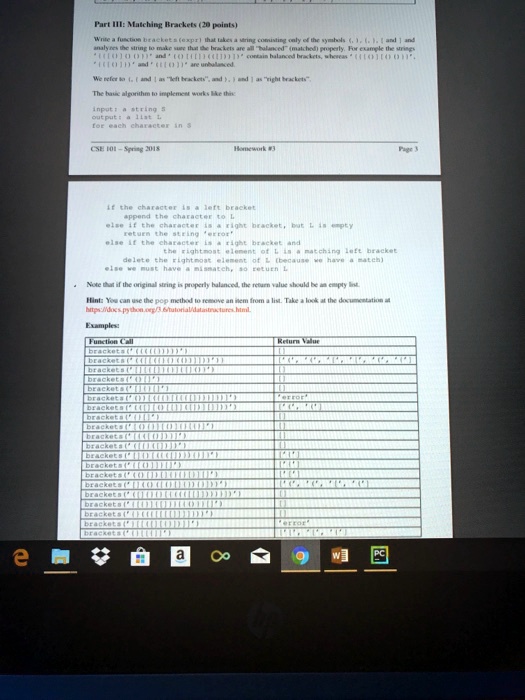 Part III: Matching Brackets (20 points) Write a function brackets (expr) that takes a string ...