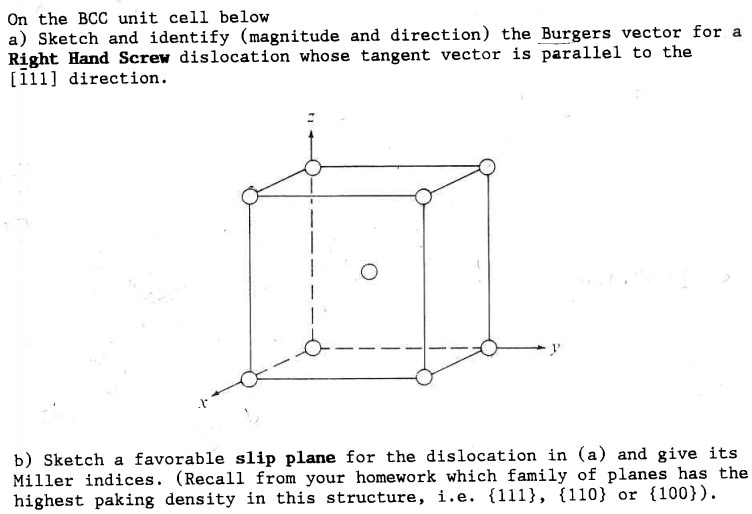 On the BCC unit cell below a) Sketch and identify (magnitude and ...