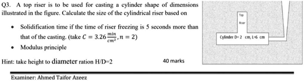 SOLVED: Q3. A top riser is to be used for casting a cylindrical shape of dimensions illustrated ...