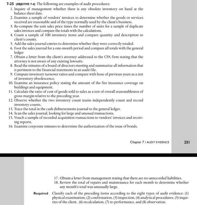 SOLVED: 7-250Ece 7-4 The following are examples of audit procedures: 1 ...