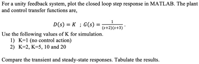 Solved For A Unity Feedback Systemplot The Closed Loop Step Response In Matlabthe Plant And