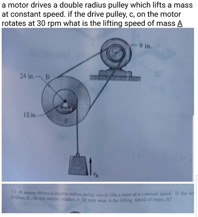 SOLVED: motor drives a double radius pulley which lifts a mass of at a ...