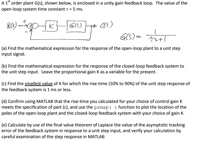 SOLVED: A 1st order plant G(s), shown below, is enclosed in a unity ...