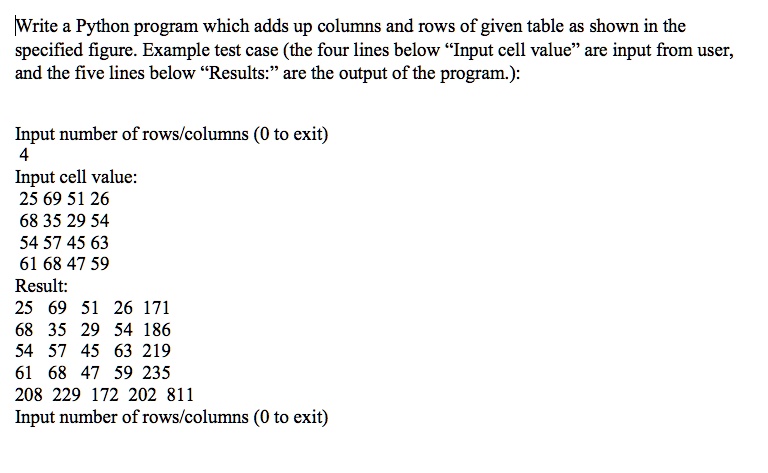 Solved Write A Python Program Which Adds Up Columns And Rows Of Given Table As Shown In The