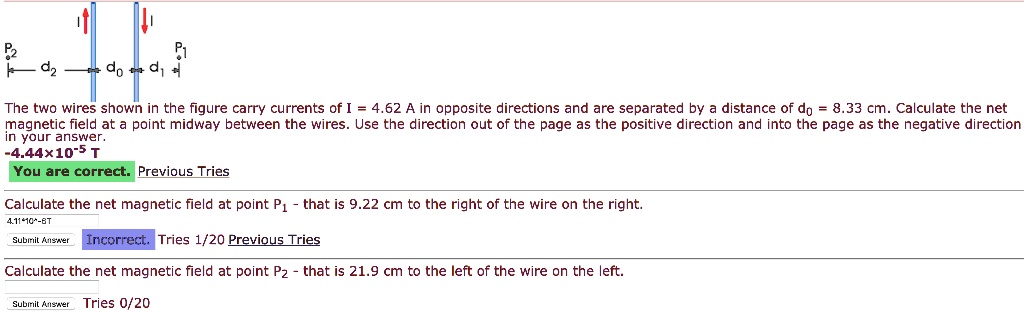SOLVED: The two wires shown in the figure carry currents of I = 4.62 A ...